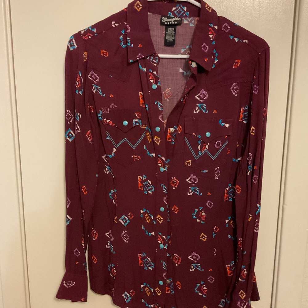 Wrangler Retro Aztec Print Burgundy Turquoise Snaps W… - Gem